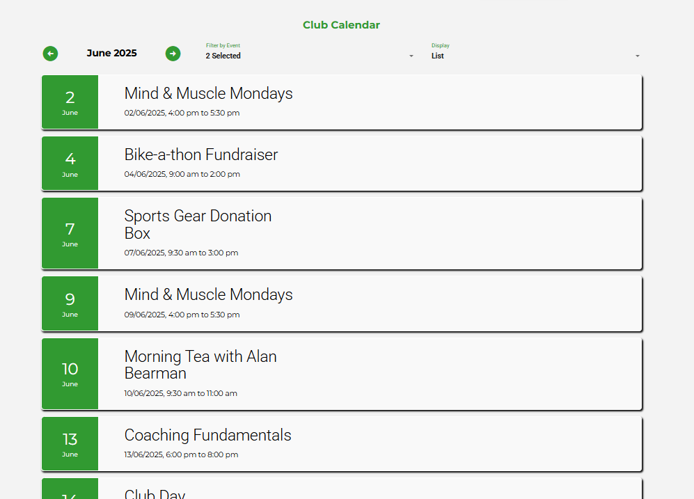 Events Calendar widget – Sporty Online Support Centre