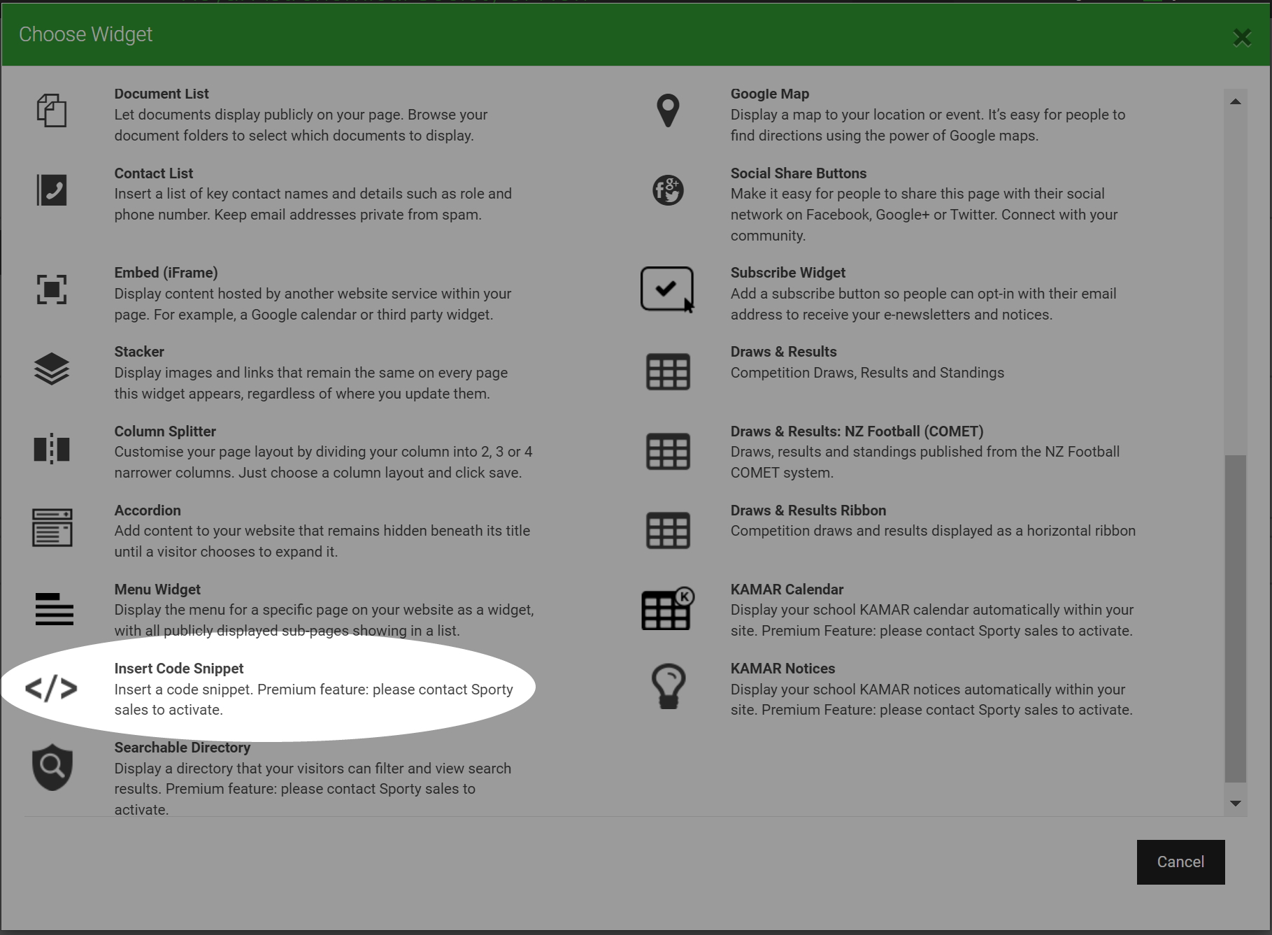 Code Snippet Widget Sporty Online Support Centre